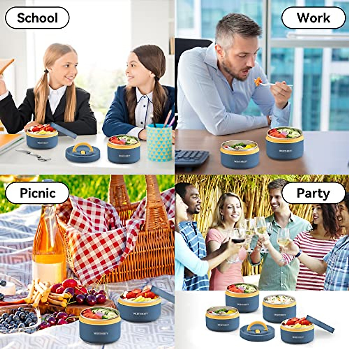 YBOBK HOME Thermal Bento Lunch Box For Food, Portable Keep Warm Lunch Container For Kid Adult To School Work, Stainless Steel Insulated Lunch Box With 2 Separate Microwave Food Containers (Blue 34oz)