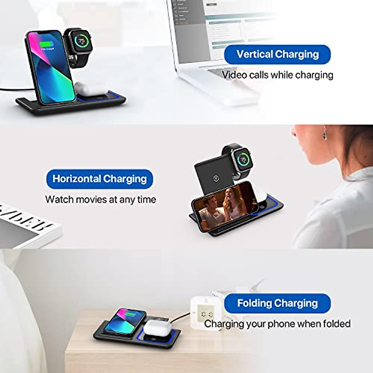 YOXINTA Wireless Charger, 3 in 1 Wireless Charging Station, Fast Wireless Charger Stand for iPhone 14/13/12/11/Pro/Max/XS/XR/X/8/Plus, iWatch 7/6/5/4/3/2/SE, AirPods 3/2/Pro(Black+White)