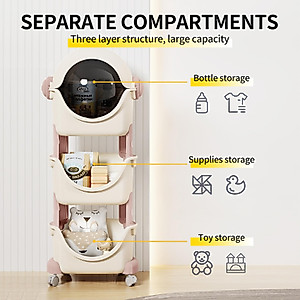 UNICOO Kids Spaceman Toy Storage Organizer, 3-Tier Stackable Plastic Rolling Cart, Multi-Functional Children's Storage Rack Shelf with Wheels for Playroom, Bedroom, Classroom, Nursery (Pink & White)