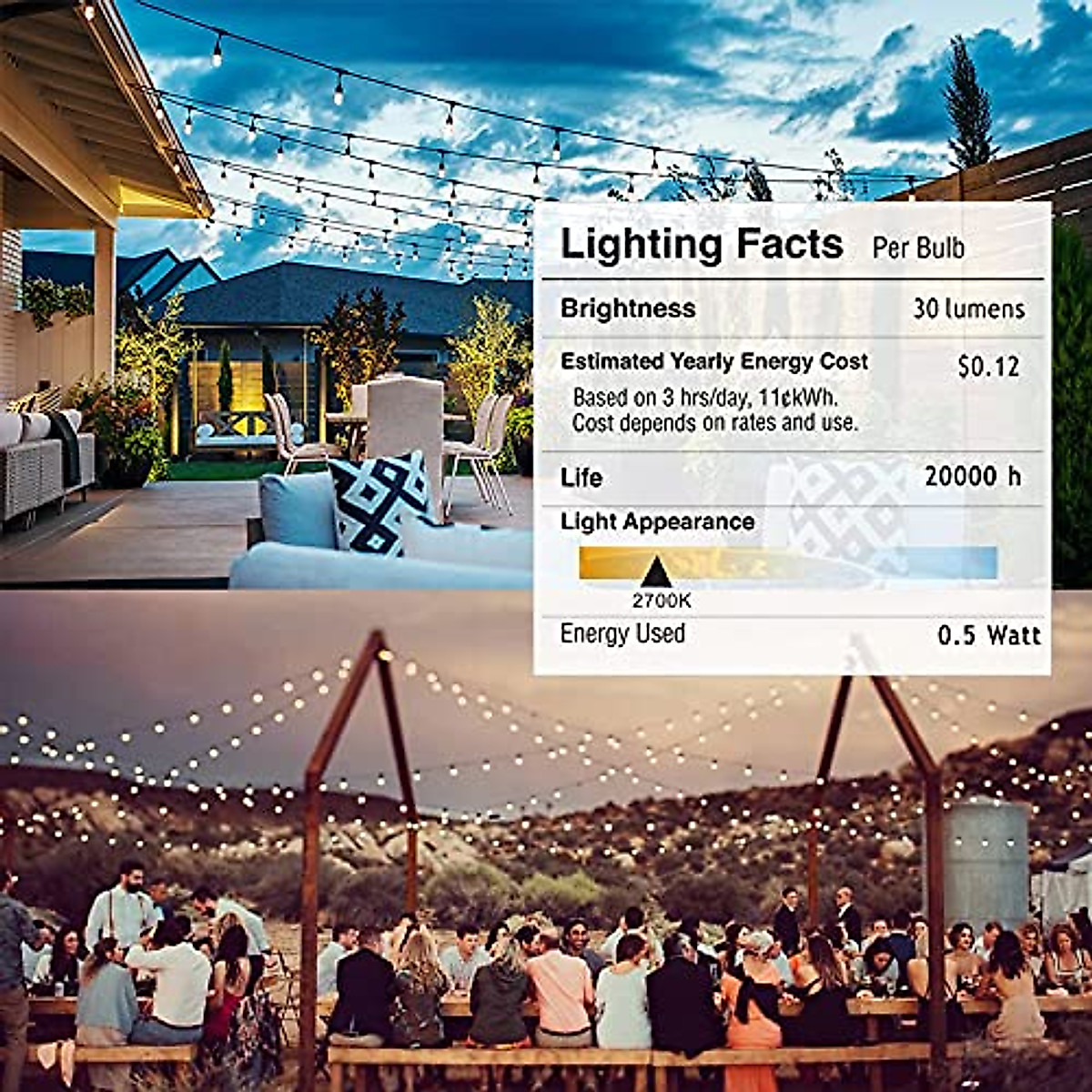 DAMAING Solar String Lights Outdoor 48Ft LED String Lights with 16 Shatterproof Bulbs,USB Rechargeable Patio Lights with 4 Lighting Modes,Heavy Duty Waterproof Solar Powered String Lights