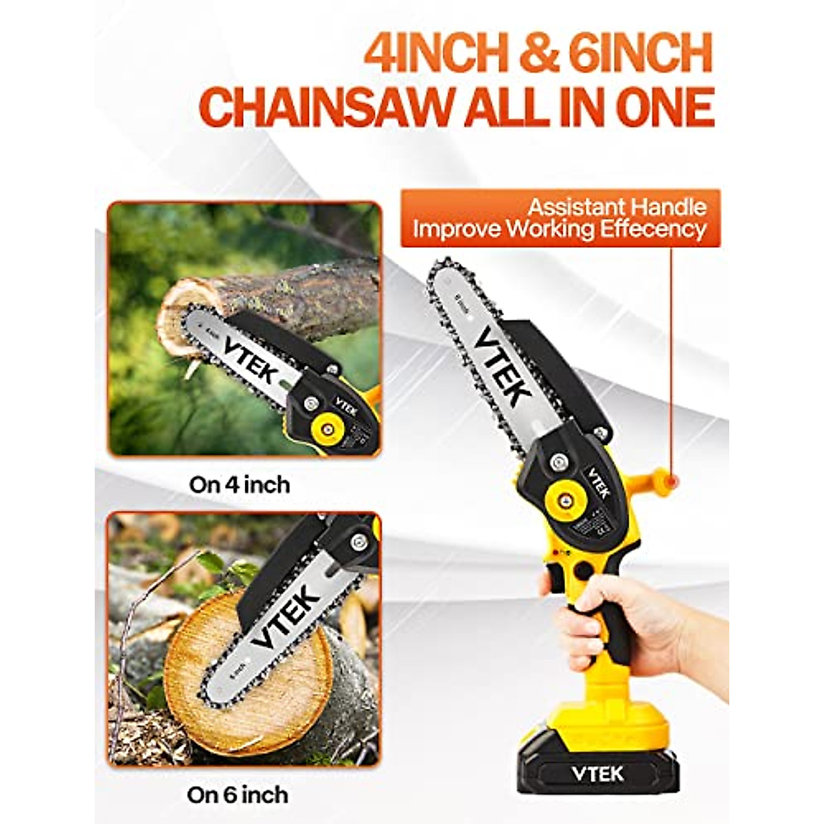Mini Chainsaw Cordless 4 inch, 6 inch Battery Powered Chainsaw, Handheld Portable Electric Chain Saws for Wood Cutting,Tree Pruning,Trimming. (4-6 inch)