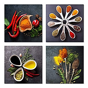 Pyradecor 4 Pieces Colorful Spices and Spoon Vintage Canvas Prints Still Life Paintings Pictures Canvas Wall Art for Living Rome Home Kitchen Decorations