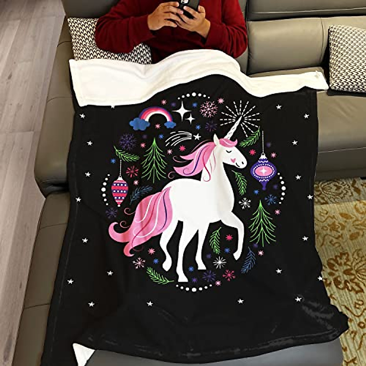 YISUMEI Unicorn Black Throw Blanket Leaves Stars Firework Fleece Blanket Soft Warm Cozy for Sofa Couch Bed 50"x60"