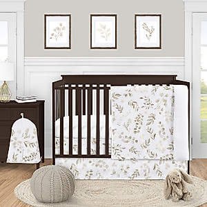 Sweet Jojo Designs Floral Leaf Baby Boy or Girl Nursery Crib Bedding Set - 4 Pieces - Gender Neutral Ivory Beige Taupe White Gender Neutral Boho Watercolor Botanical Flower Woodland Tropical Garden