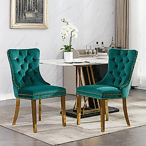 i-POOK Velvet Upholstered Dining Chairs Set of 2, High-end Tufted Wingback Dining Room Chairs with Ring Pull, Nailhead Trim and Gold Metal Legs, Luxury Dining Chairs for Living Room Kitchen, Green