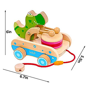 Wooden Baby Toys Car, Crocodile Beating Drum Pull Along Toddler Toy,Developmental Toy for 1 Year Old Girl Boy Birthday Gift