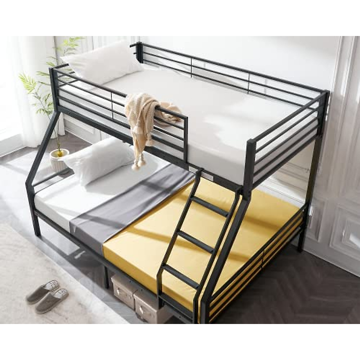 VINGLI Metal Bunk Bed Twin Over Full, Flat Steps, Black