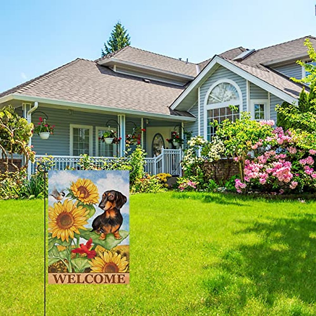 Furiaz Welcome Fall Dog Sunflower Small Decorative Garden Flag, Autumn Puppy Yard Cardinal Chickadee Outside Decorations, Spring Summer Burlap Outdoor Decor Double Sided 12 x 18
