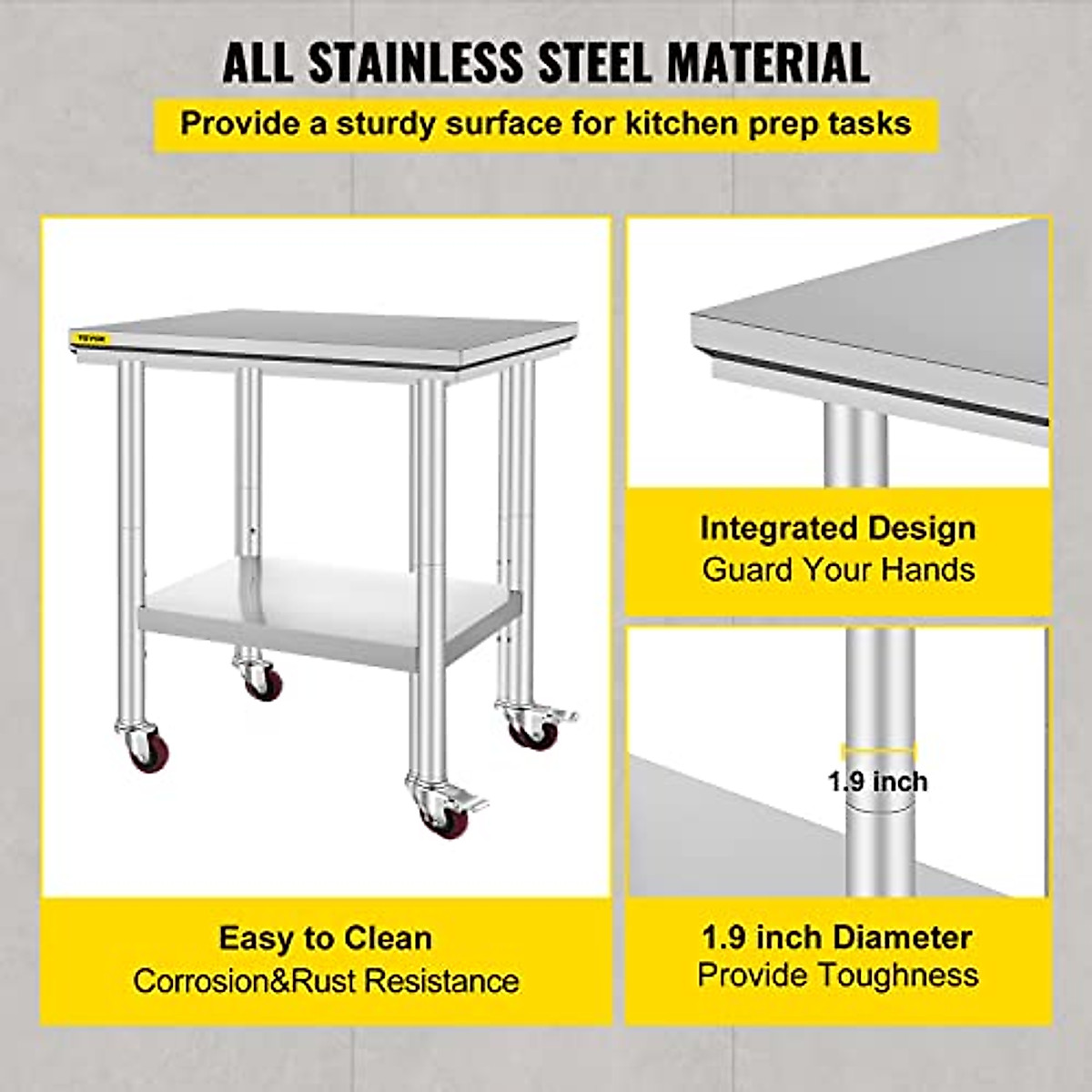 Mophorn Stainless Steel Work Table with Wheels 24 x 30 x 33.8 Inch Prep Table with 4 Casters Heavy Duty Work Table for Commercial Kitchen Restaurant Business