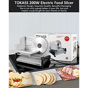 TOKASS Meat Slicer, 200W Electric Slicer For Home Use with 2pcs 7.5'' Stainless Steel Blades, Electric Deli food Slicer, Adjustable Thickness for Meat, Cheese, Bread, Easy Clean (200W-Bright Silver)