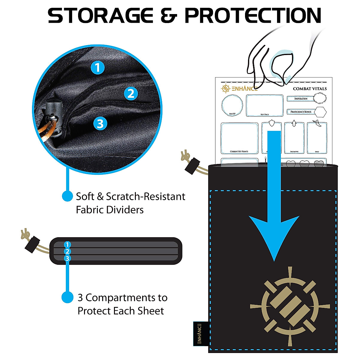 ENHANCE Tabletop Acrylic Character Sheet Set - Reusable 5e Dungeons and Dragons Character Sheets (Combat, Spell, Equipment) for All DND 5e Classes - Includes 3 Pages, Dry Erase Markers, Travel Pouch