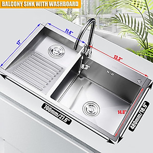 Laundry Utility Sink With Washboard Stainless Steel Kitchen Sink with Faucet Household Pool Balcony Room Wash Basin Easy Clean Double-Bowl, 700mm/27.5Inch