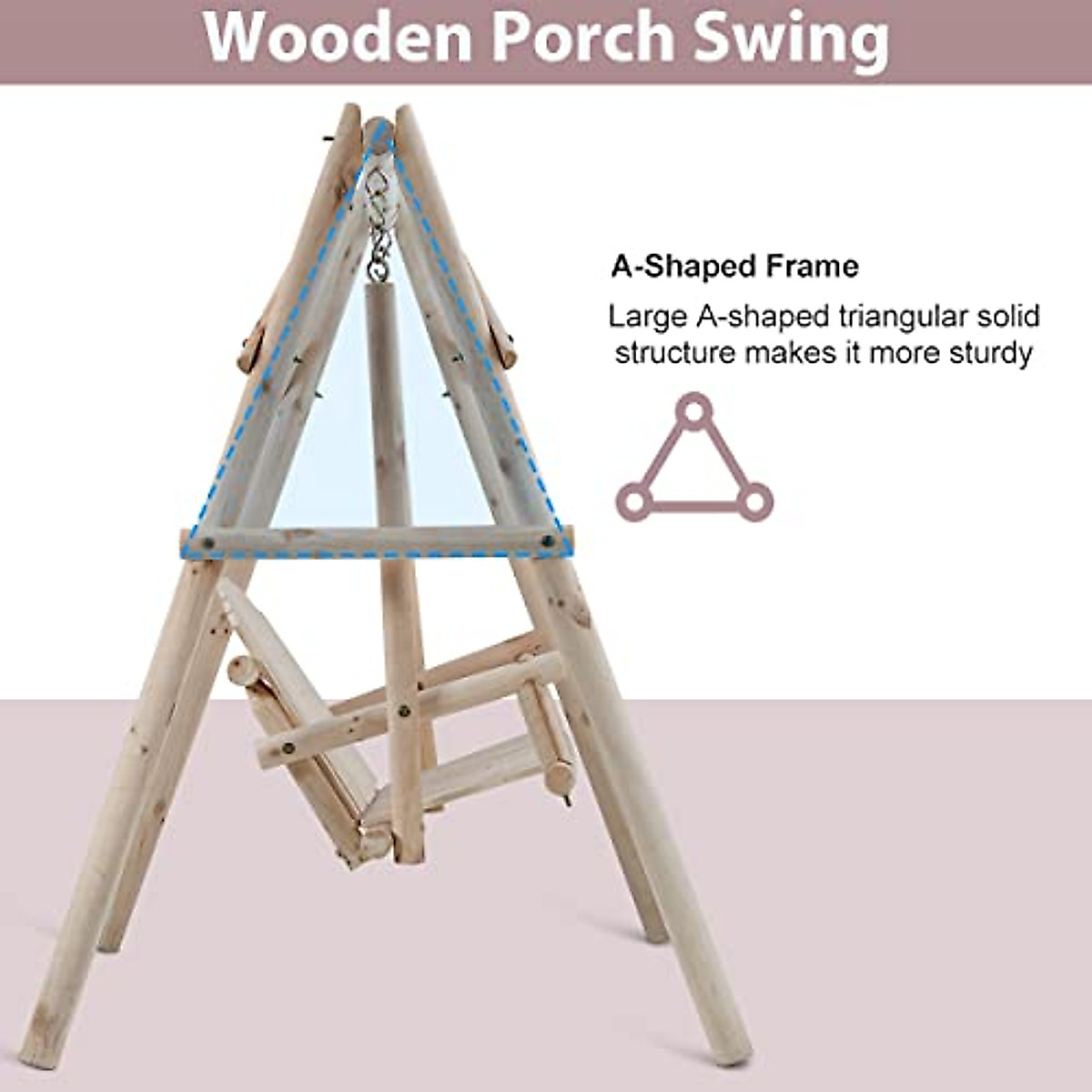 Outdoor Wooden Porch Swing 67 Inch Log Swing with Stand, A-Frame Yard Swing Set Patio Furniture Modern 2 Person Swing Sturdy Garden Bench Swing Rustic Curved Back Swing Chair for Adults