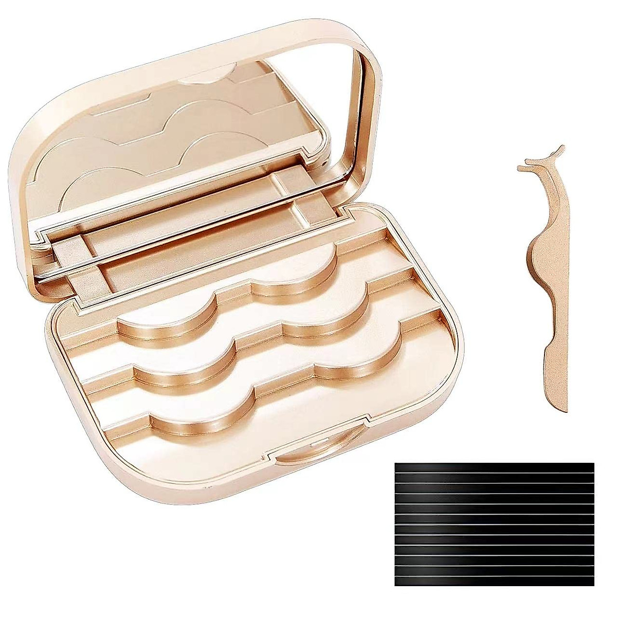 JYHi False Eyelash Storage Case with Mirror Lash Organizer Holder Box Empty Makeup Cosmetic Travel Case and Eyelash Tweezers Lash Container (Gold)