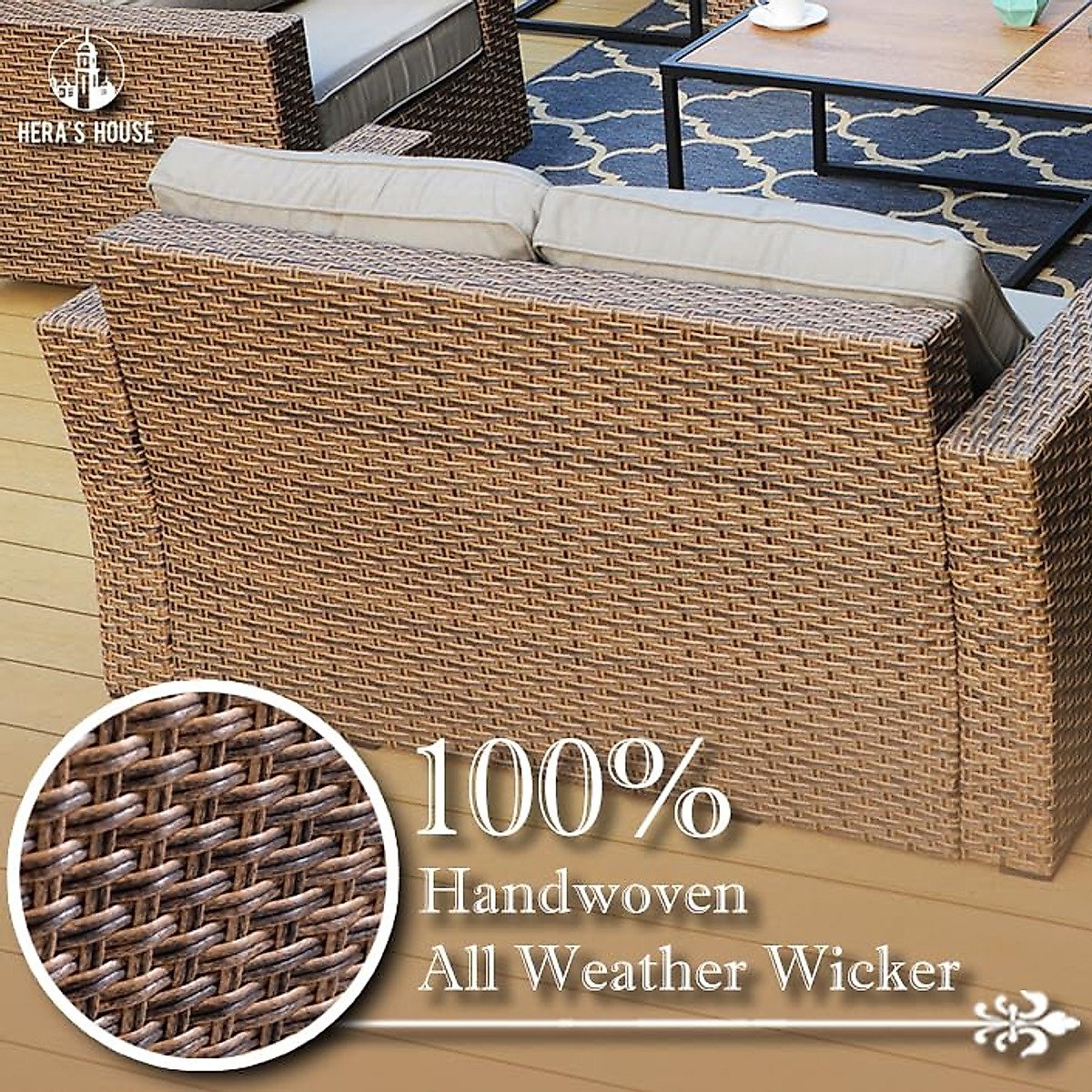 HERA'S HOUSE Wicker Patio Sofa, 3-Seat Heavy Duty Outdoor Couch, Deep Seat High Back with Thick Cushions, All Weather Furniture for Lawn Garden Backyard