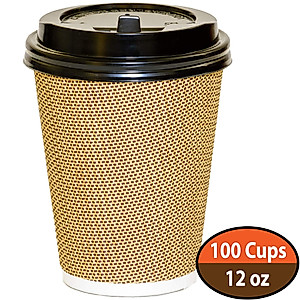OzBSP 12 oz Paper Coffee Cups with Lids - 100 Pack BROWN. Insulated & Sturdy, Leak Proof Lids, Ripple Wall No Sleeves Needed, Disposable Coffee Cups with Lids for Hot Drinks. To Go Coffee Cups