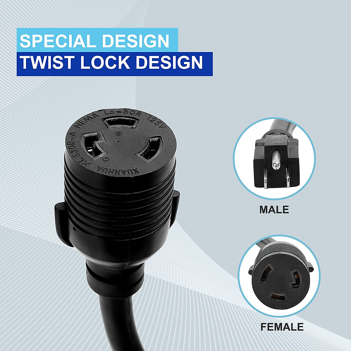 Generator Power Cord Adapter, 3 Prong 15 Amp 125V NEMA 5-15P Male Plug to 30 Amp 125V NEMA L5-30R Locking Female Connector, Black