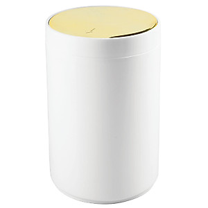 mDesign Small Round Plastic Trash Can Wastebasket, Garbage Container Bin with Swing Top Lid - for Bathrooms, Kitchens, Home Offices - 1.3 Gallon/5 Liter - White/Gold