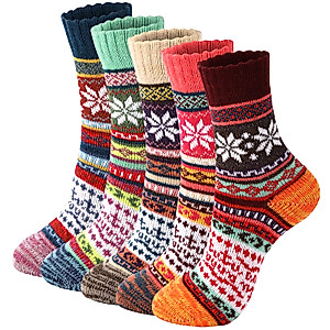 5 Pairs Comfortable and Warm Vintage Crew Socks for Women - Soft Wool Knit Cabin Socks, Cozy Thick Winter Gifts