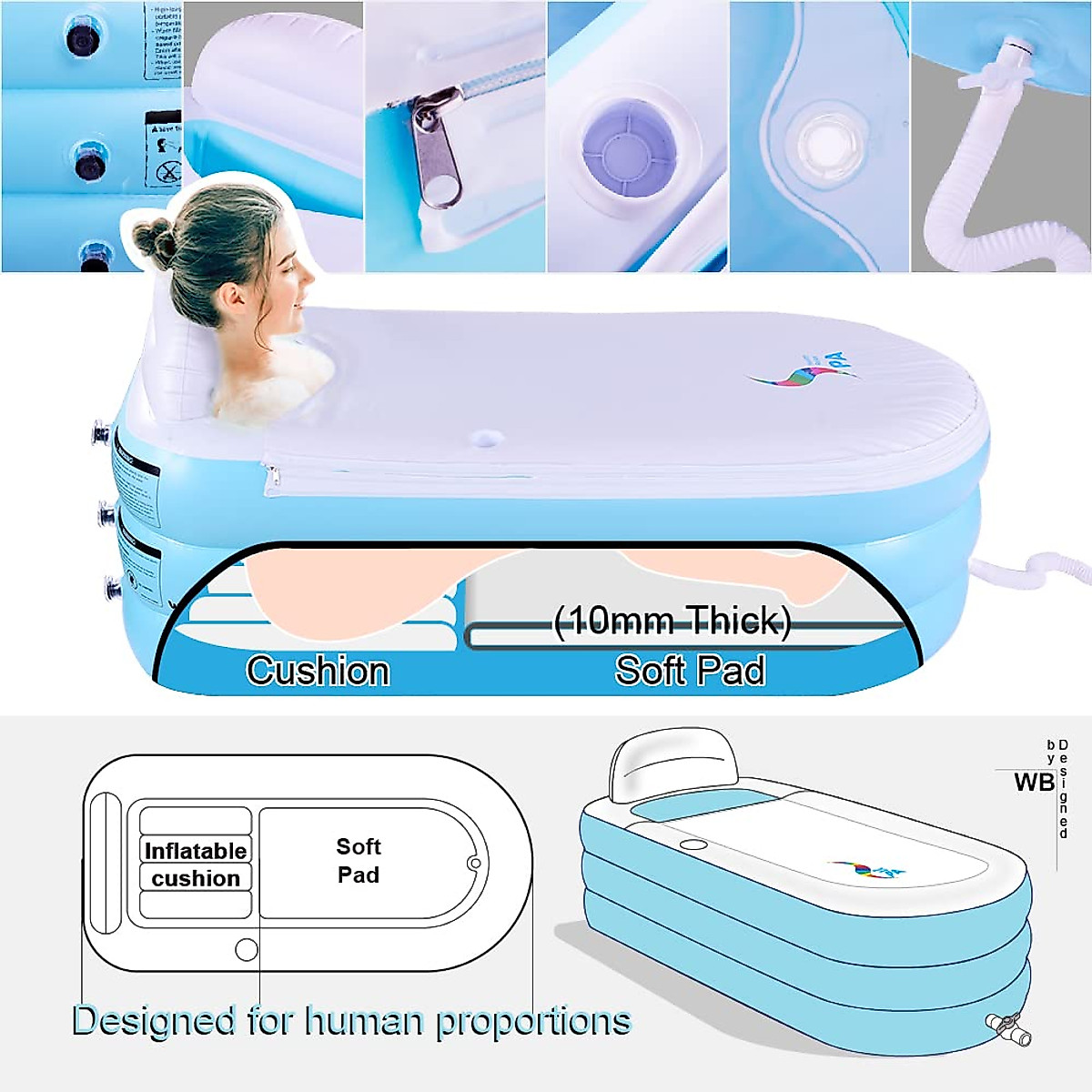 Portable Plastic Bathtub,Folding Spa BathTub for Adults, Freestanding Soaking Tub Non-Inflatable Ice Bath Tub, Thickened Thermal Foam to Keep Temperature (Inflatable Bathtub)