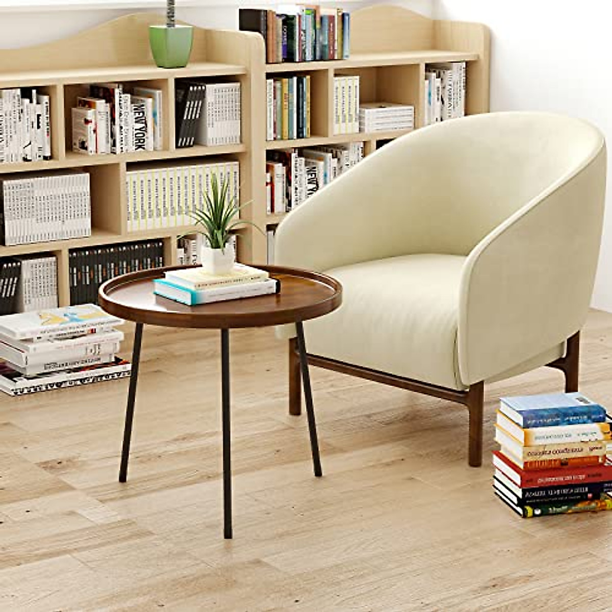 Yoimori End Table, 23 inch Wooden Round Coffee Table Nightstand with Tray and Metal Stand, Accent Table Ideal for Living Room Bedroom Office Small Spaces Indoor Outdoor