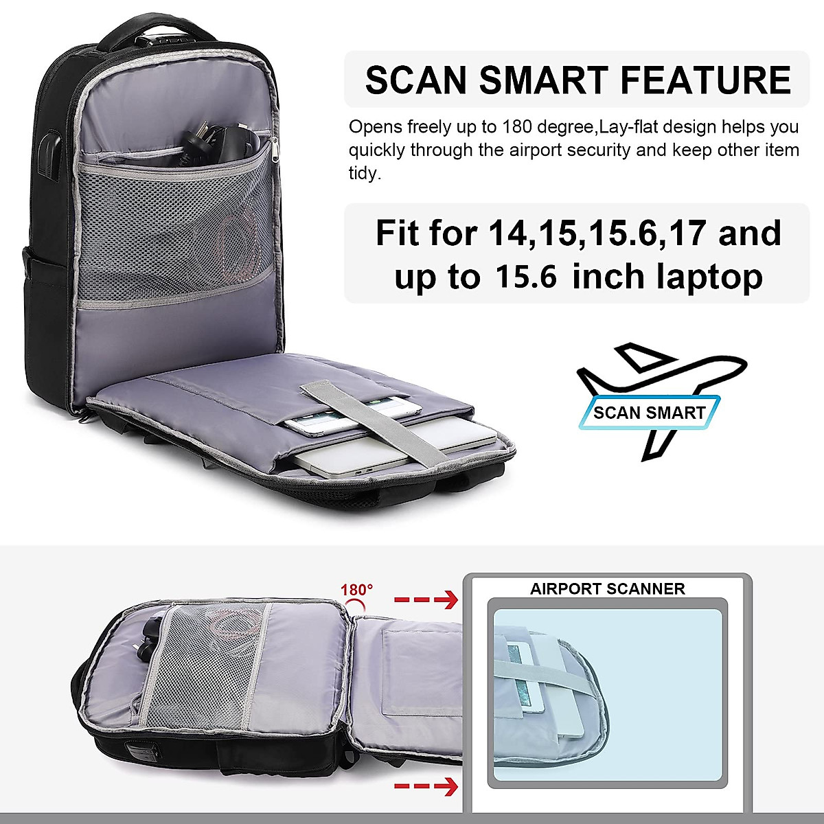 LOVEVOOK Laptop Backpack for Women, Anti-Theft Travel Backpacks Purse with Lock, Work Business Computer Bag with USB Port, Casual Hiking Daybag College School BookBag，15.6Inch Black