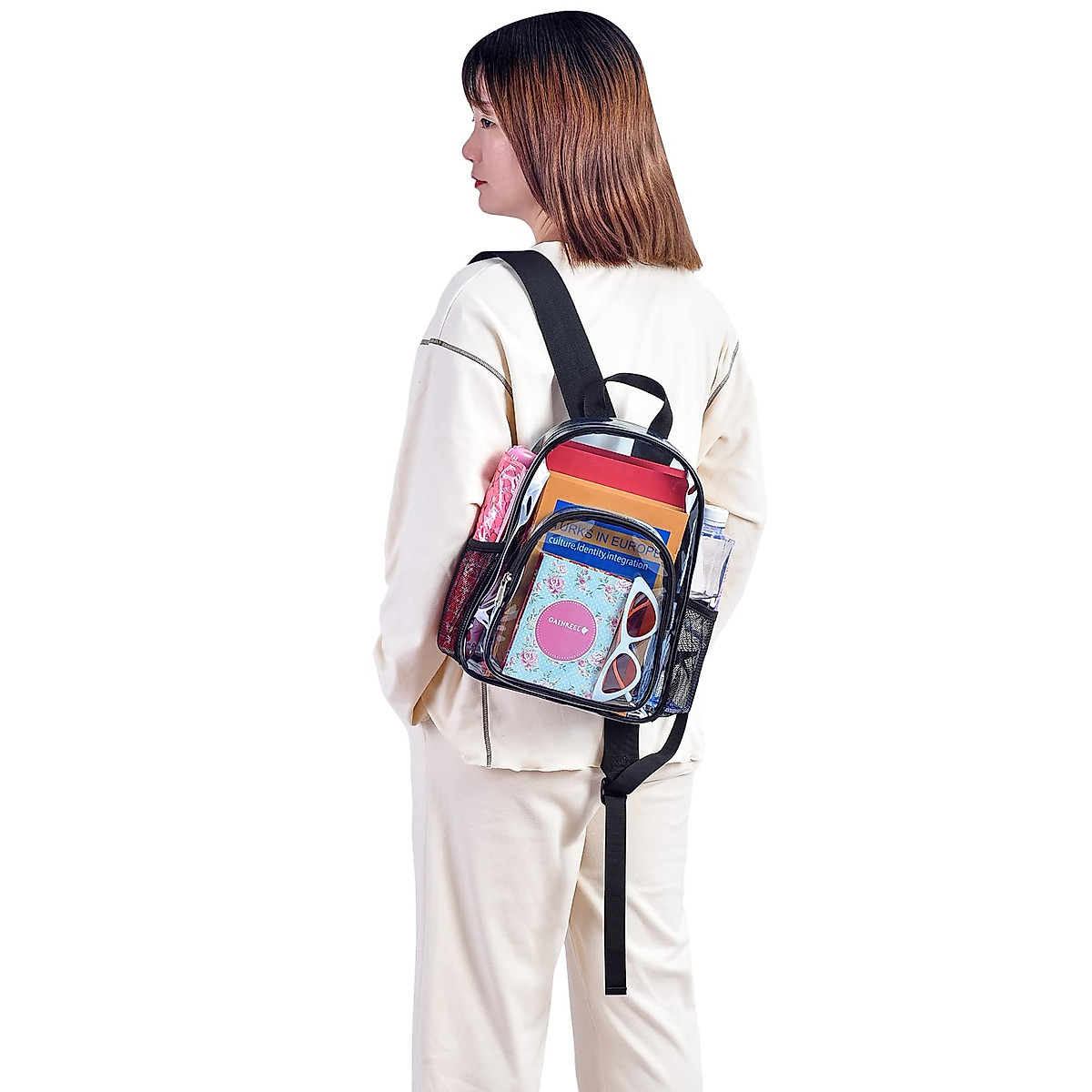 Slumou Mini Clear Backpack Stadium Approved for Women Men Heavy Duty See Through Transparent Pvc Backpacks for School Work Travel（Black）