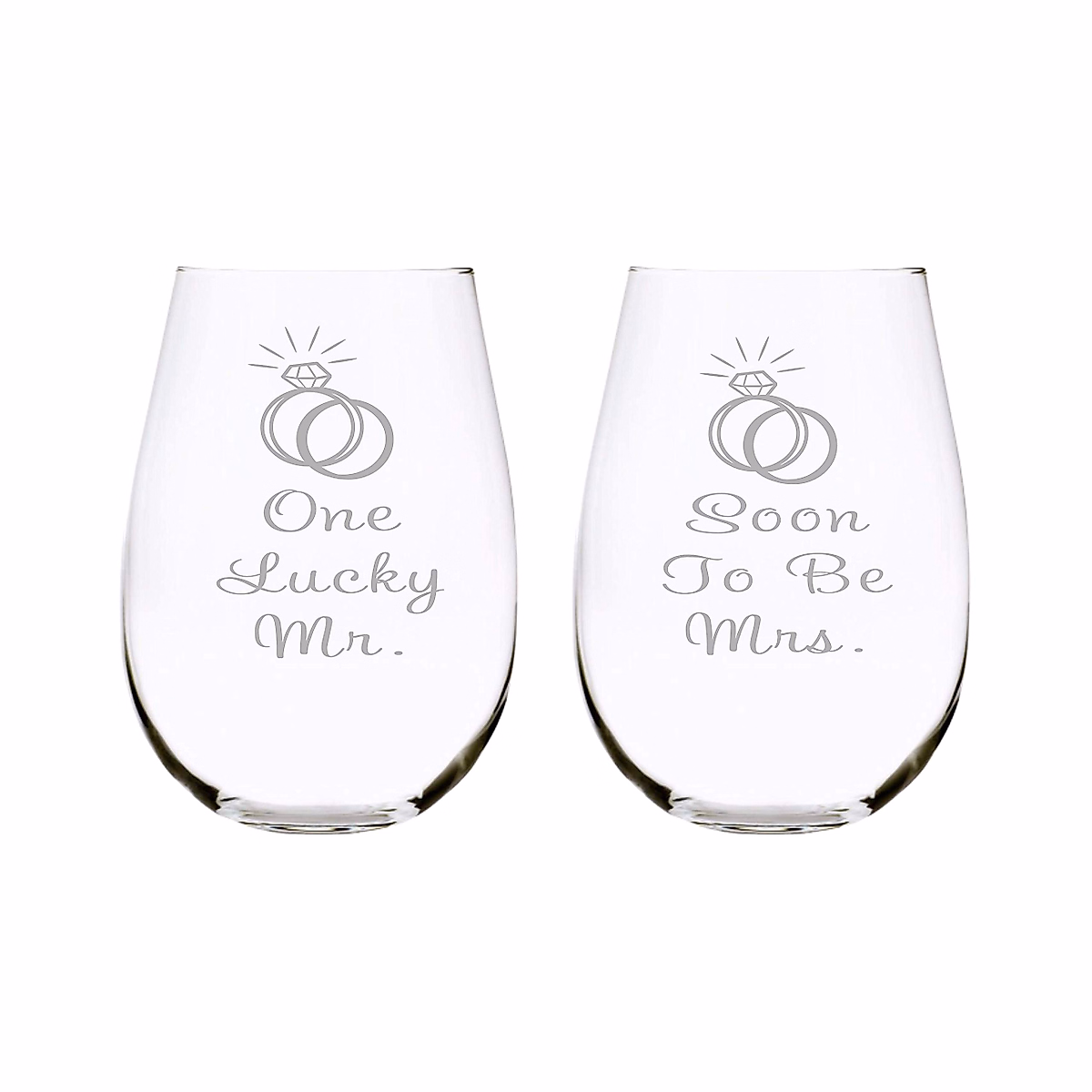 C & M Personal Gifts 17 oz Wine Glasses (Set of 2) One Lucky Mr. and Soon To Be Mrs. Etched Stemless Glasses Set Made from Lead-Free Crystal-Clear Glass – Ideal Gift for Engagement
