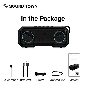 Sound Town 2-Pack of X8 Portable TWS Bluetooth Speakers, IPX7 Waterproof, Stereo Sound, LED Light, Built-in Mic for Phone Calls and Battery Power Bank, for Home and Outdoor, Black (X8-BK-Pair)