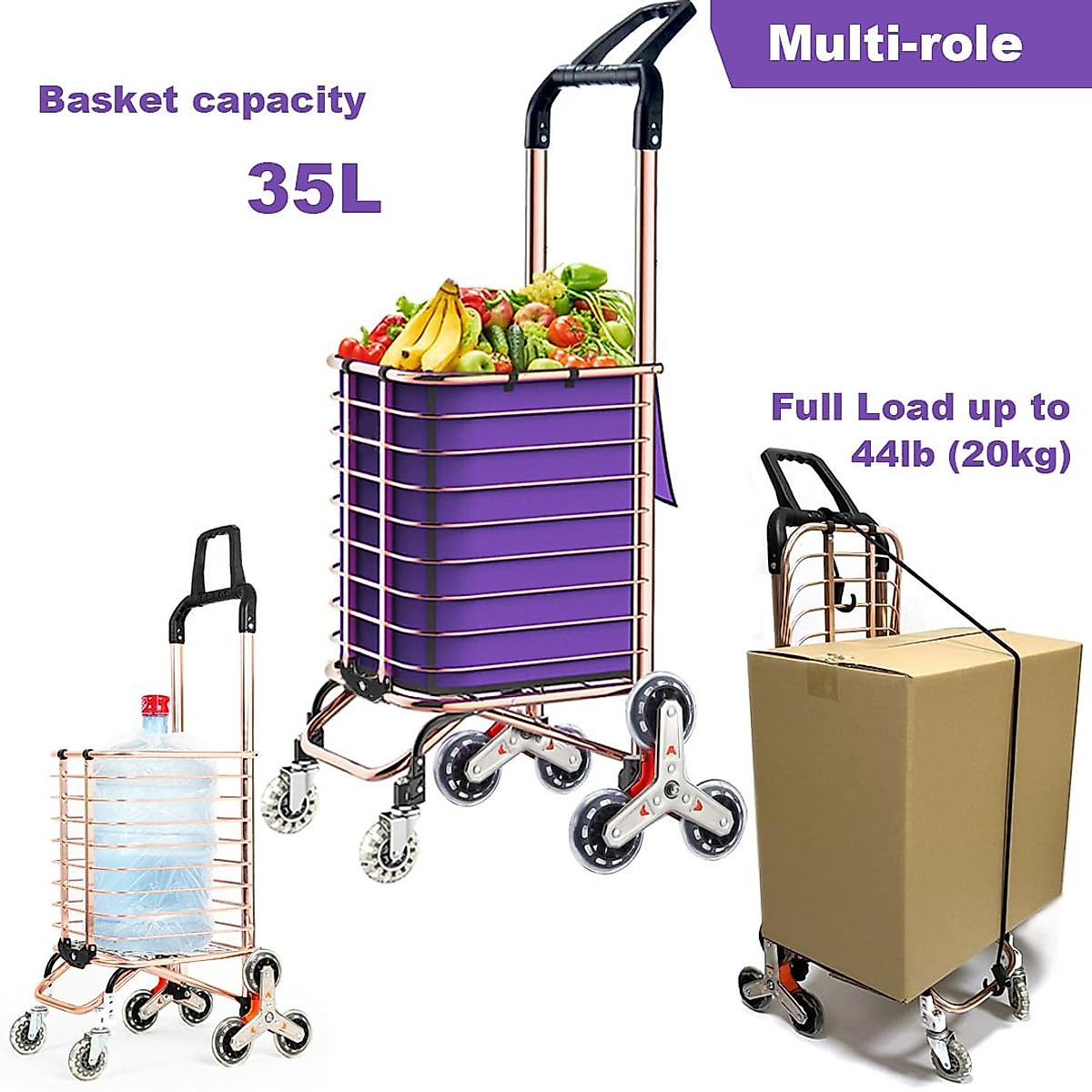 Kallwong Deluxe Shopping Carts for Groceries Foldable,Stair Climbing Heavy Duty & Lightweight Utility Cart with Waterproof Liner Basket, Elastic Cord for Luggage,Laundry,Camping,Transport (Golden)