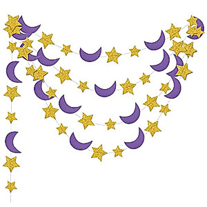 Purple Gold Birthday Party Decorations/Graduation 2023/Purple Gold 2pcs Moon and Star Garlands 1st Birthday Garland Love You to The Moon and Back Purple Gold Moon Star Baby Shower Decorations