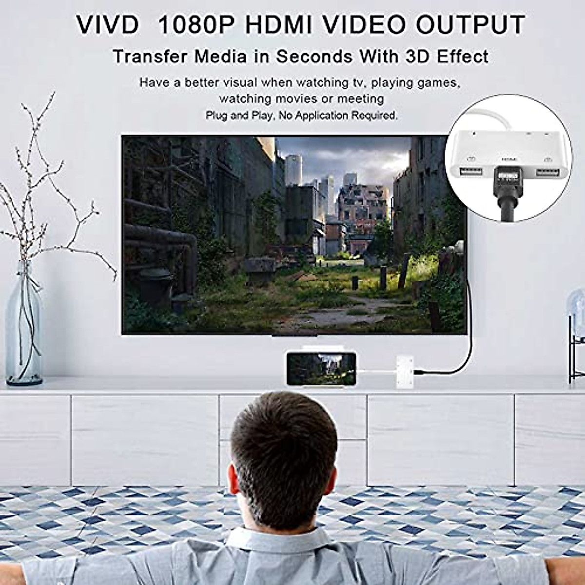 MASAYA HDMI Adapter for iPhone to TV, Dual USB Female OTG Adapter, SD/Micro SD Card Reader for iPhone iPad with Charging Port, Support HDTV/Monitor/Projector/USB Flash Drive/MIDI Keyboard/Mouse