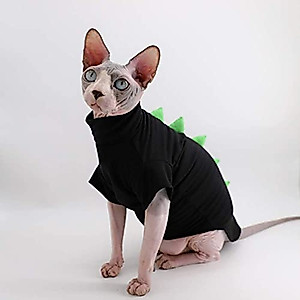 Dinosaur Design Sphynx Hairless Cat Clothes Cute Breathable Summer Cotton Shirts Cat Costume Pet Clothes,Round Collar Kitten T-Shirts with Sleeves, Cats & Small Dogs Apparel (XL (9-12.1 lbs), Black)