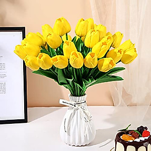 Starryle 10Pcs Yellow Tulips Real Touch Artificial Tulips Fake Flowers for Spring Decor Tulips for Mother’s Day Faux Flowers for Home Kitchen Office Wedding Bouquet Flower Arrangement Decor