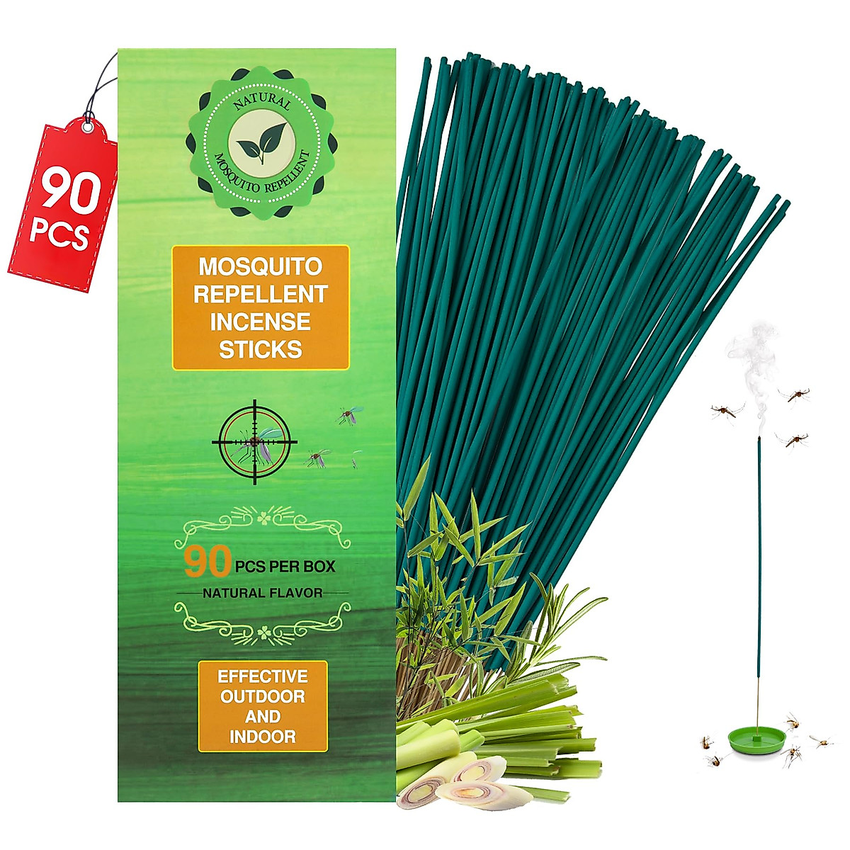 Mosquito Repellent Incense Sticks 90 Pcs, Plant Repellent Incense Stick with Citronella Outdoor, Deet Free Natural Mosquitoes Killer for Camping, Indoor