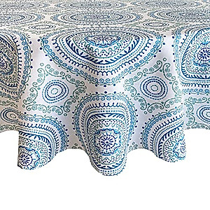 Newbridge Blue Circle Stitch Contemporary Boho Chic Print Indoor/Outdoor Soil Resistant Fabric Tablecloth, 60” X 84” Oval, Blue