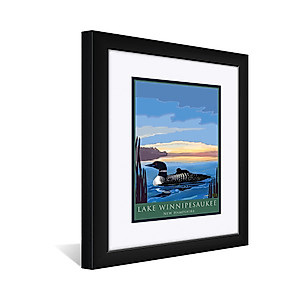 Lake Winnipesaukee New Hampshire Loon & Chick Professionally Framed & Matted Art Print from Illustration by Artist Joanne Kollman Framed Art Size: 15" x 19"