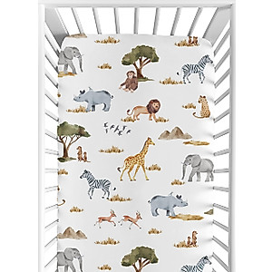 Sweet Jojo Designs Jungle Animals Boy Girl Fitted Crib Sheet Baby Toddler Nursery Hunter Green Yellow Grey Rust Orange Black White Wildlife Safari Animal Elephant Giraffe Lion Monkey Leopard Cheetah