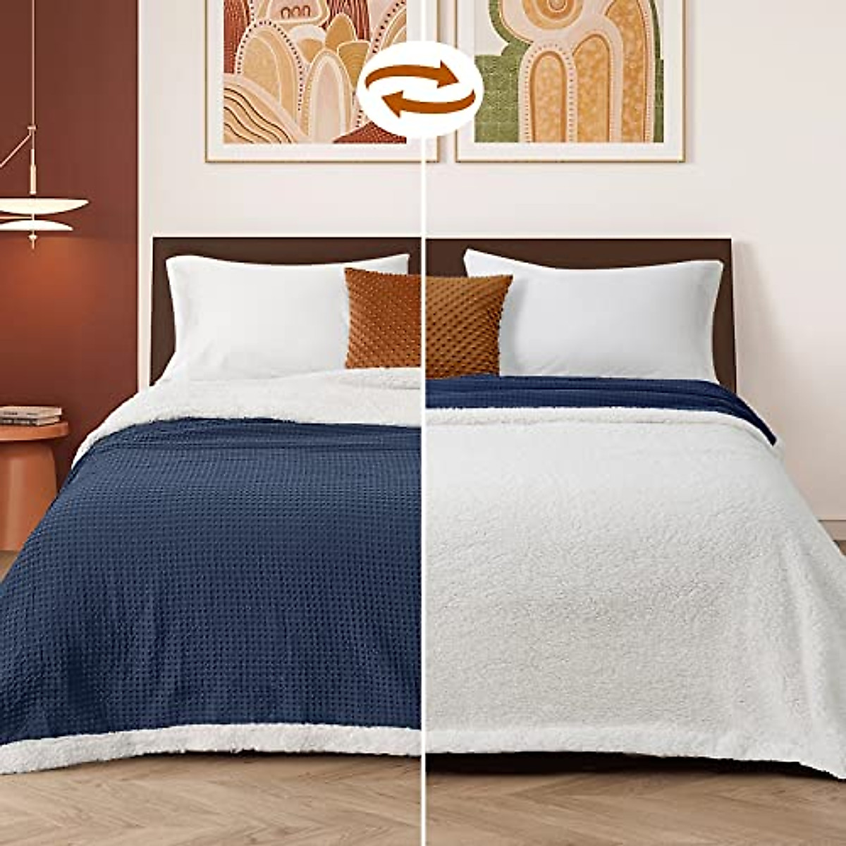 PHF Waffle Sherpa Blanket King Size, Luxury Warm Plush Flannel Blanket for Winter, No Shed No Pilling Cozy Soft Waffle Weave Fleece Blanket for Bed and Couch, Navy Blue, 104x90 Inches