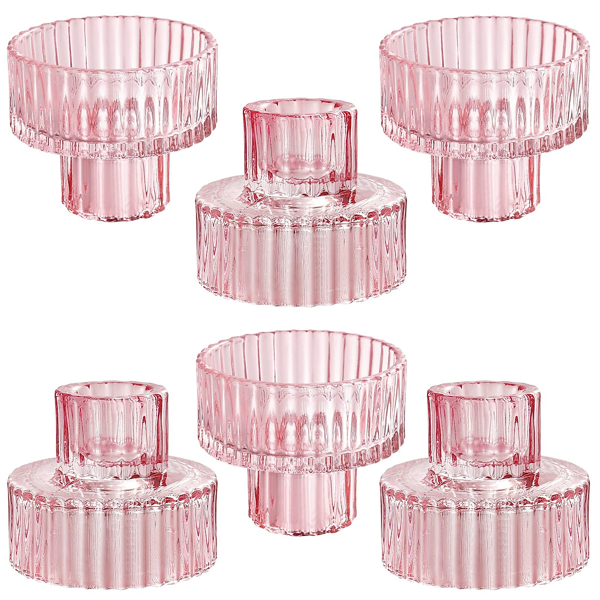 IYOUYA Pink Glass Candle Holders 6PCS for Pillar Candles, Taper Candles, Tealight Candles,Candlestick Holders for Wedding, Festival, Dinning&Party