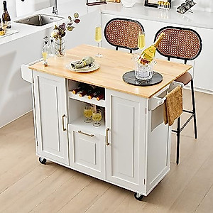 Giantex Mobile Kitchen Island with Drop Leaf, Rolling Island Table with Rubber Wood Top, Storage Cabinets, Deep Drawer, Wine Bottle Rack, Spice Rack, Serving Cart for Dining Room Bar (White)