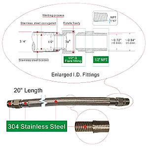 Industrial Grade Compressor Jumper Hose, 1/2" NPT Male x 20" Length, 750°F，450 PSI，Both Sides Fittings Rotate Freely，Flexible Whole body Stainless Steel Metal Hose