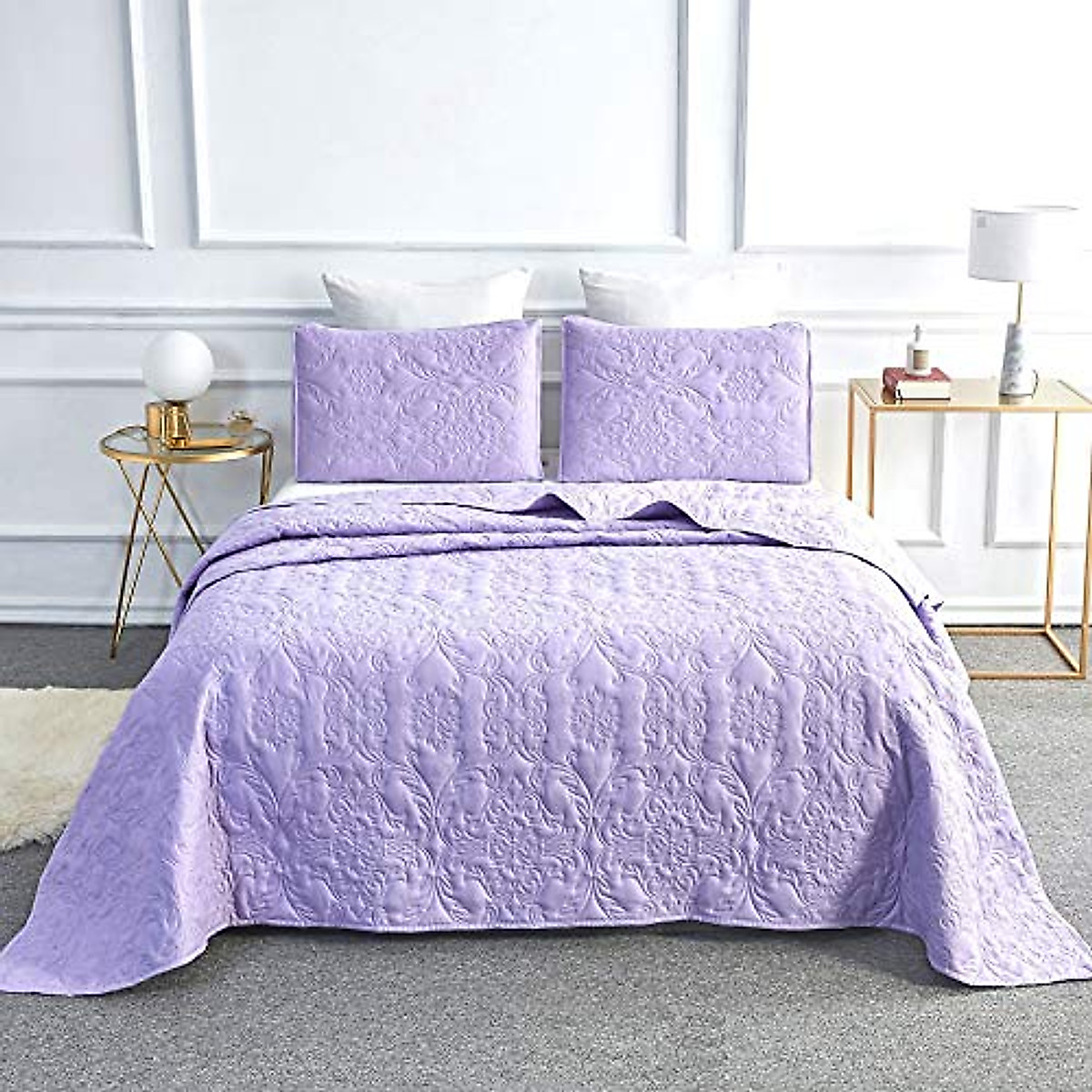 Sophia and William 3 Pieces Quilt Set Queen/Full Size with 1 Quilt and 2 Pillow Shams, Reversible Microfiber Bedding Bedspread Coverlet Set, Cozy, Lightweight and Hypoallergenic, Purple