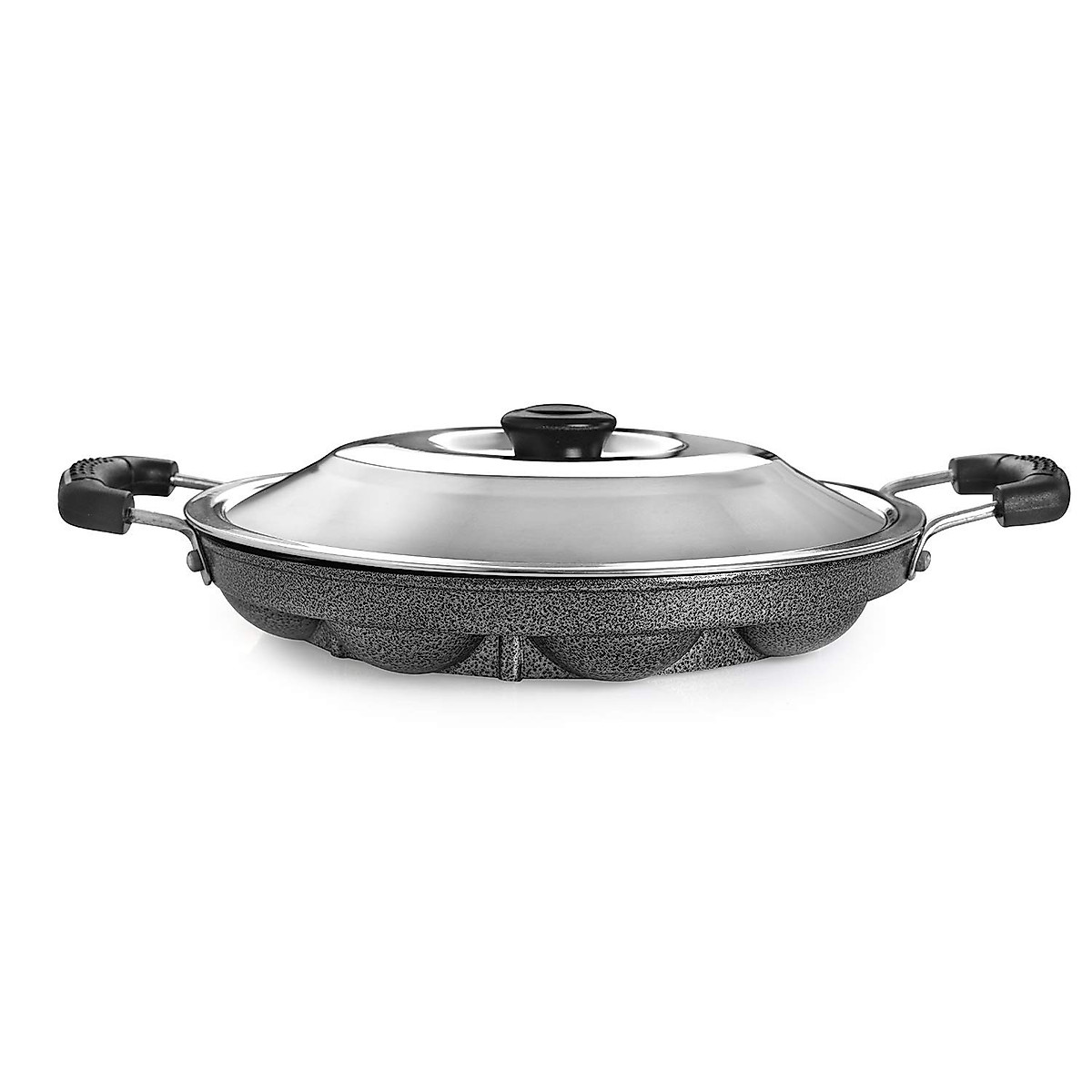 Cello Non-Stick 12 Cavity Appam Patra 2 Side Handle with Stainless Steel Lid