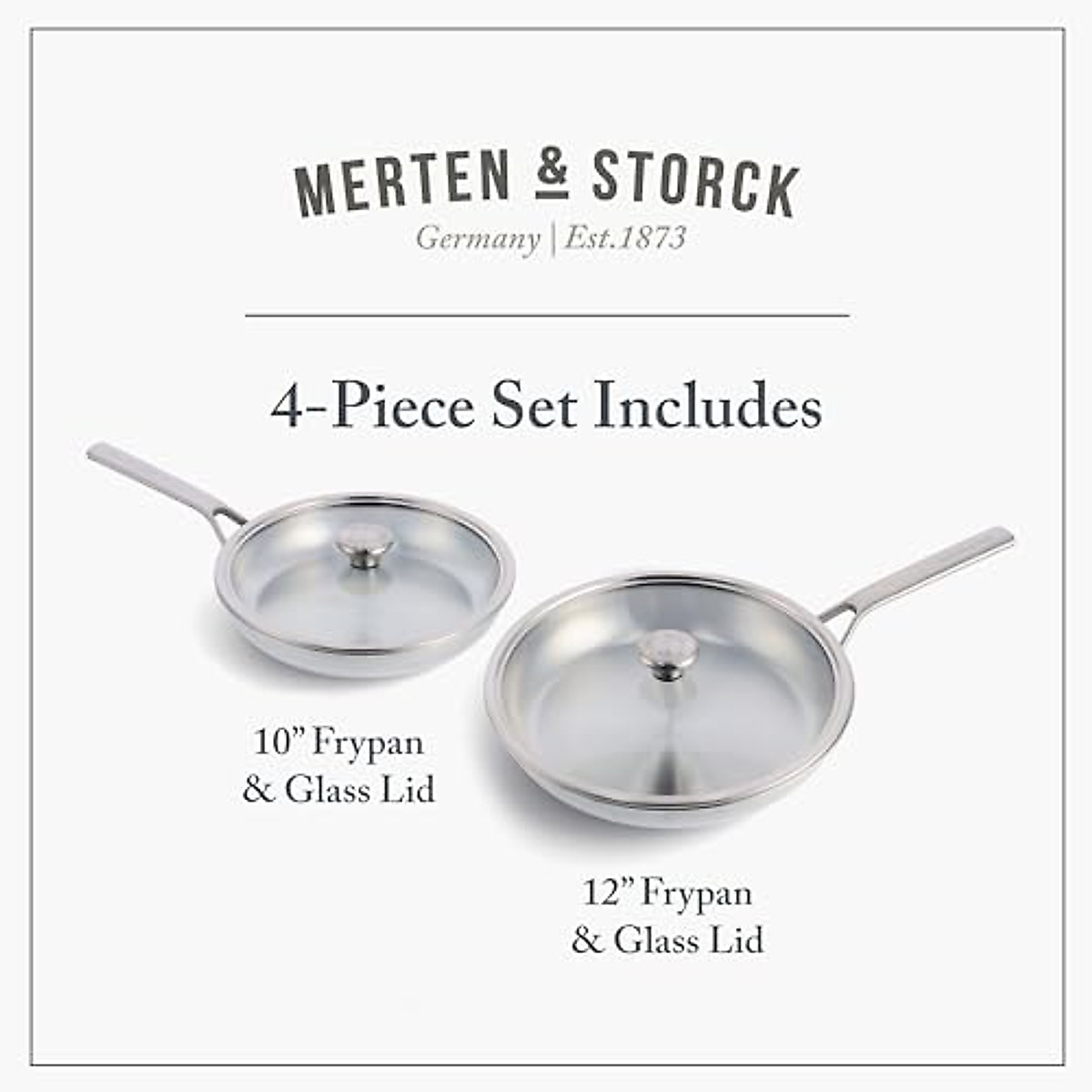 Merten & Storck Tri-Ply Stainless Steel 10" & 12" Frying Pan Skillet Set with Glass Lids, Professional Cooking, Multi Clad, Drip-Free Pouring Edges, Browning, Induction, Durable,Oven & Dishwasher Safe