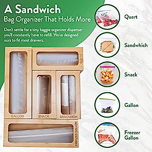 TRAKZA Bamboo Ziplock Bag Organizer for Drawer, Kitchen Storage Bag Organizer, 5 Separate Baggie Organizer for Drawer with Non-Slip Feet and Hanging Holes, kitchen organization and storage