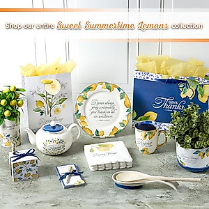 Christian Art Gifts Ceramic Spoon Utensil Rest for Women: Rejoice Always Inspirational Bible Verse, Stove & Kitchen Counter Top Home Décor, Blue Silicone Base, Lead/Cadmium-free, White & Yellow Lemon