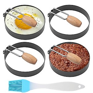 4Pcs Egg Rings With Wooden Handle, 3.5 Inch Egg Rings for Frying Eggs Stainless Steel Fried Egg Cooker Ring With Oil Brush Nonstick Griddle Egg shaper Ring Mold for Breakfast Sandwich English Muffins