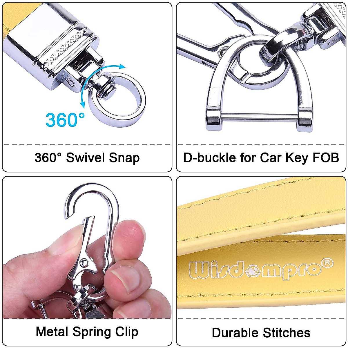 Wisdompro Genuine Leather Car Keychain, Universal Heavy Duty Leather Key FOB Keychain Key Chains Women for Car Keys, 360 Degree Rotation, with Anti-lost D-ring and 3 Keyrings - Yellow