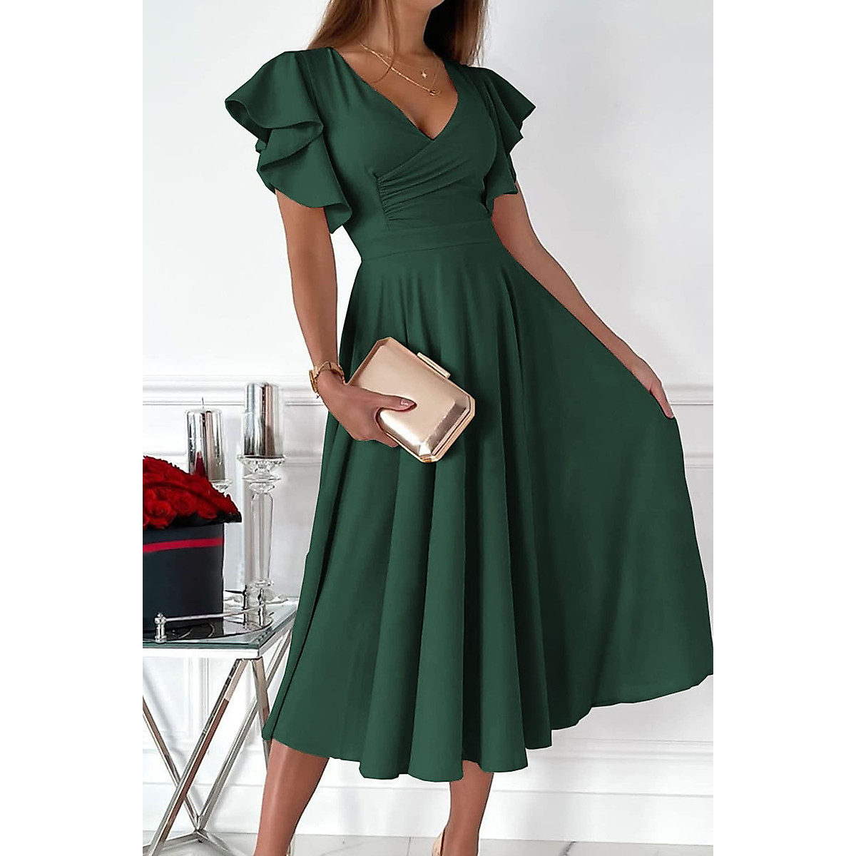 PRETTYGARDEN Women's Summer Midi Dress Ruffle Cap Sleeve V Neck Cocktail Party Swing A Line Fit and Flared Dresses (Dark Green,X-Large)